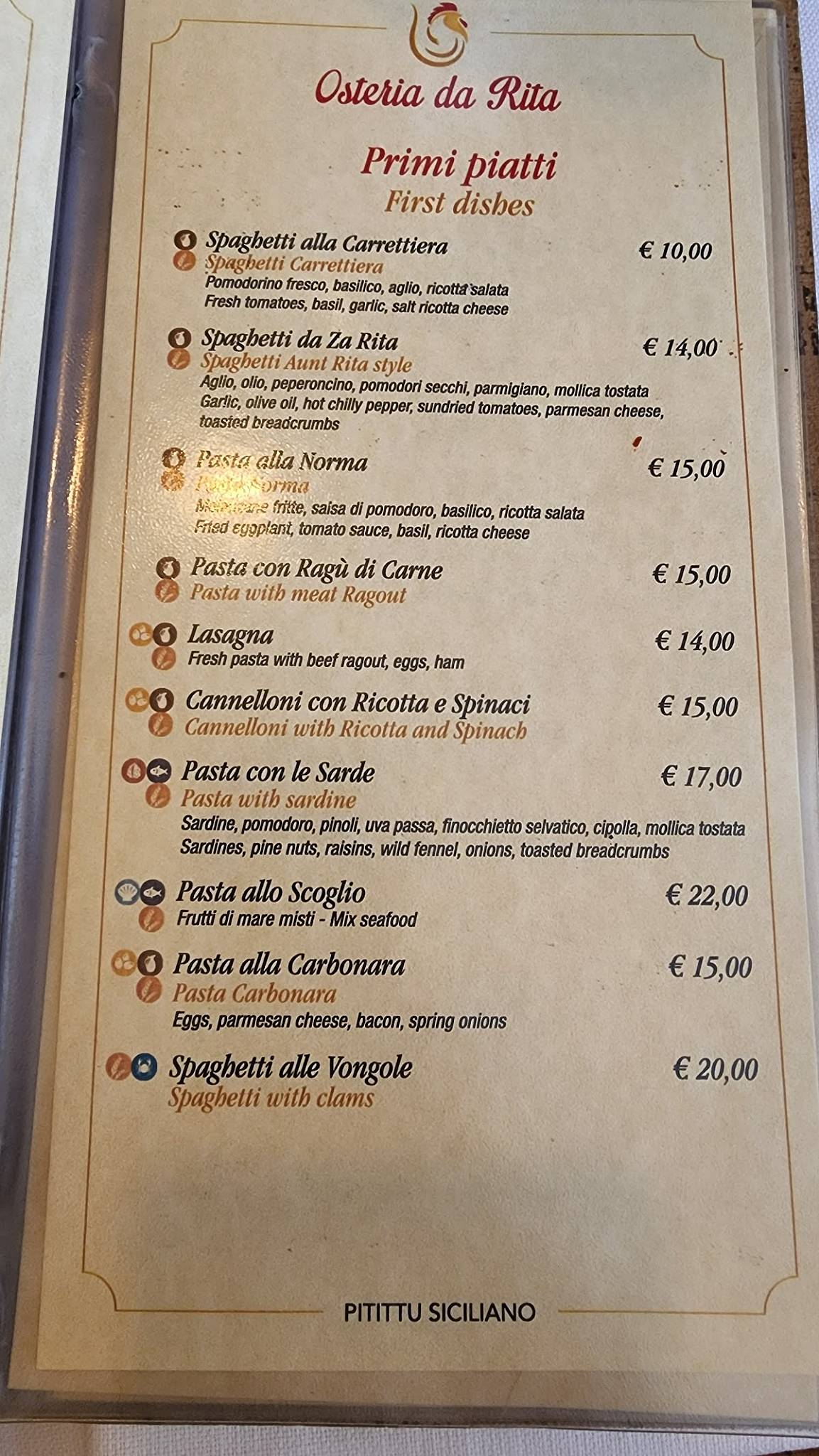 Menu at Osteria da Rita (dal 1991) restaurant, Taormina