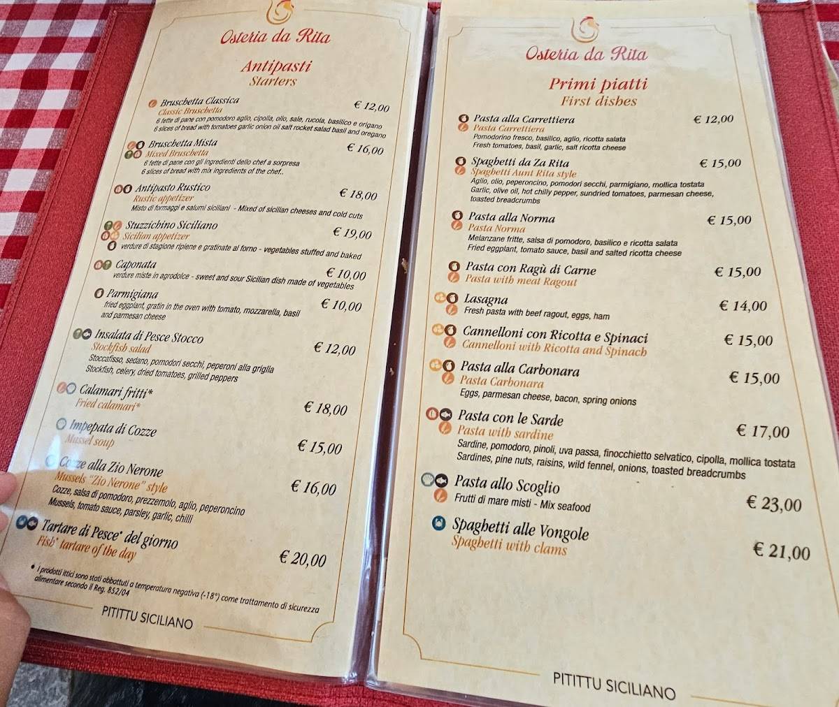 Menu at Osteria da Rita (dal 1991) restaurant, Taormina