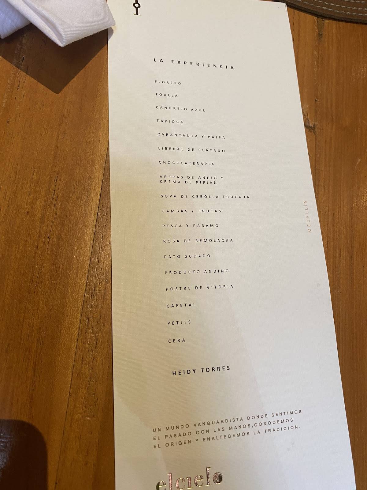 Carta del restaurante El Cielo, Medellín