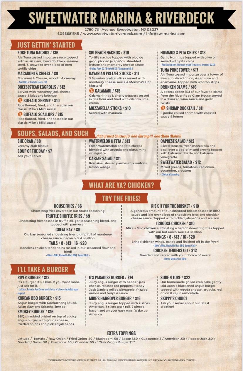 Menu at Sweetwater Marina and Riverdeck pub & bar, Hammonton