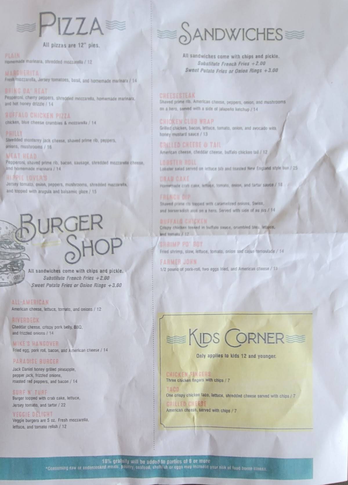 Menu at Sweetwater Marina and Riverdeck pub & bar, Hammonton