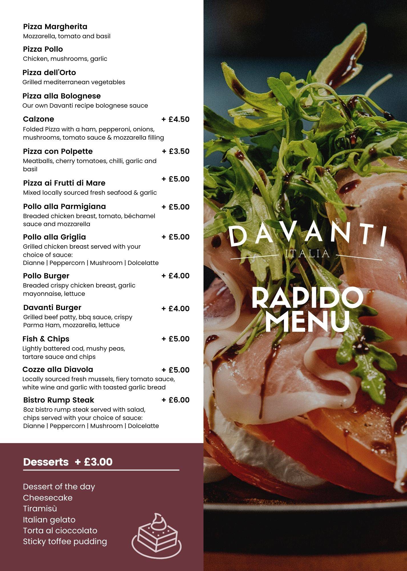 Menu at Davanti Whitley Lodge restaurant, Whitley Bay