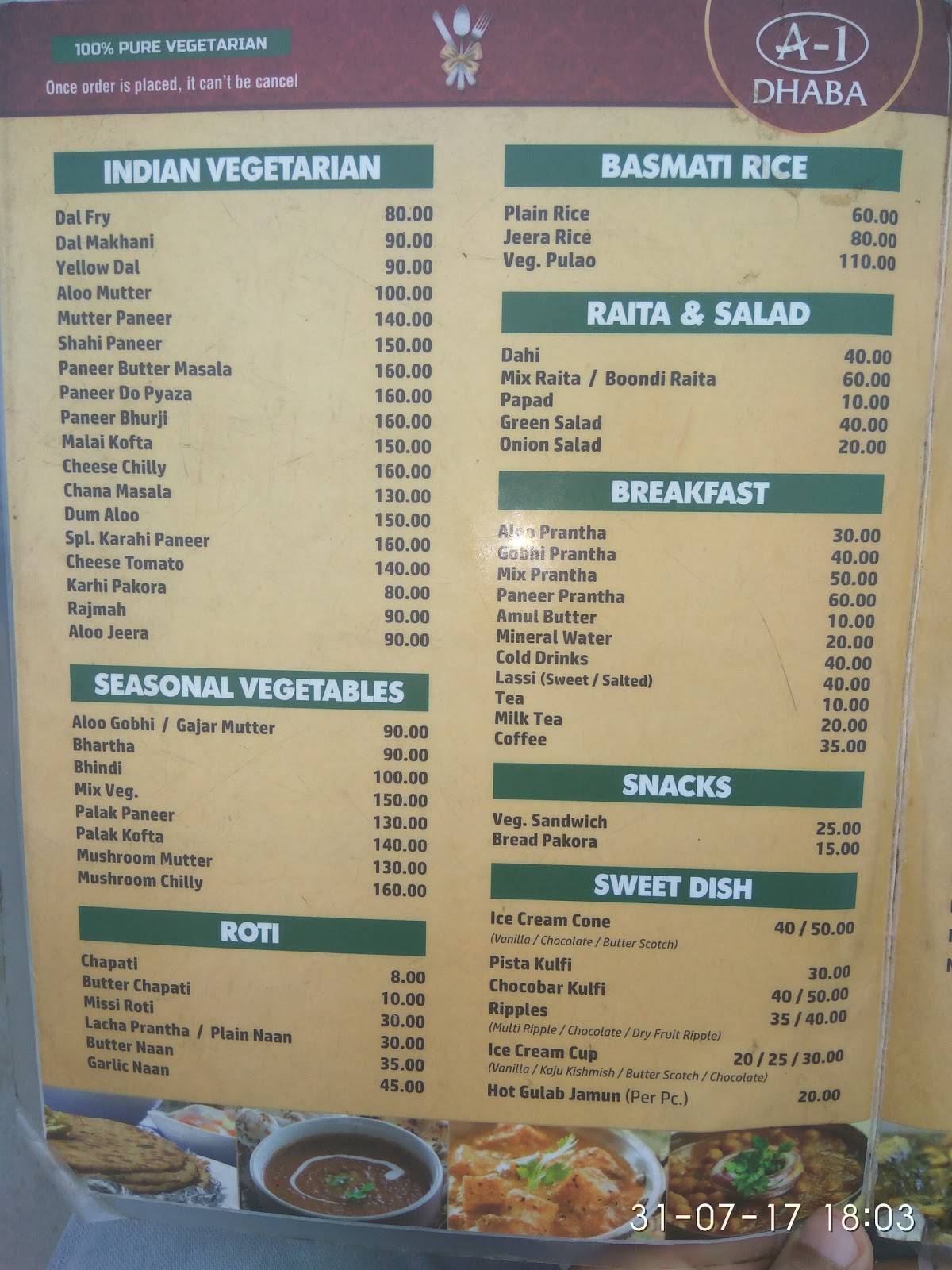 Menu at A1 Dhaba, India, SH18