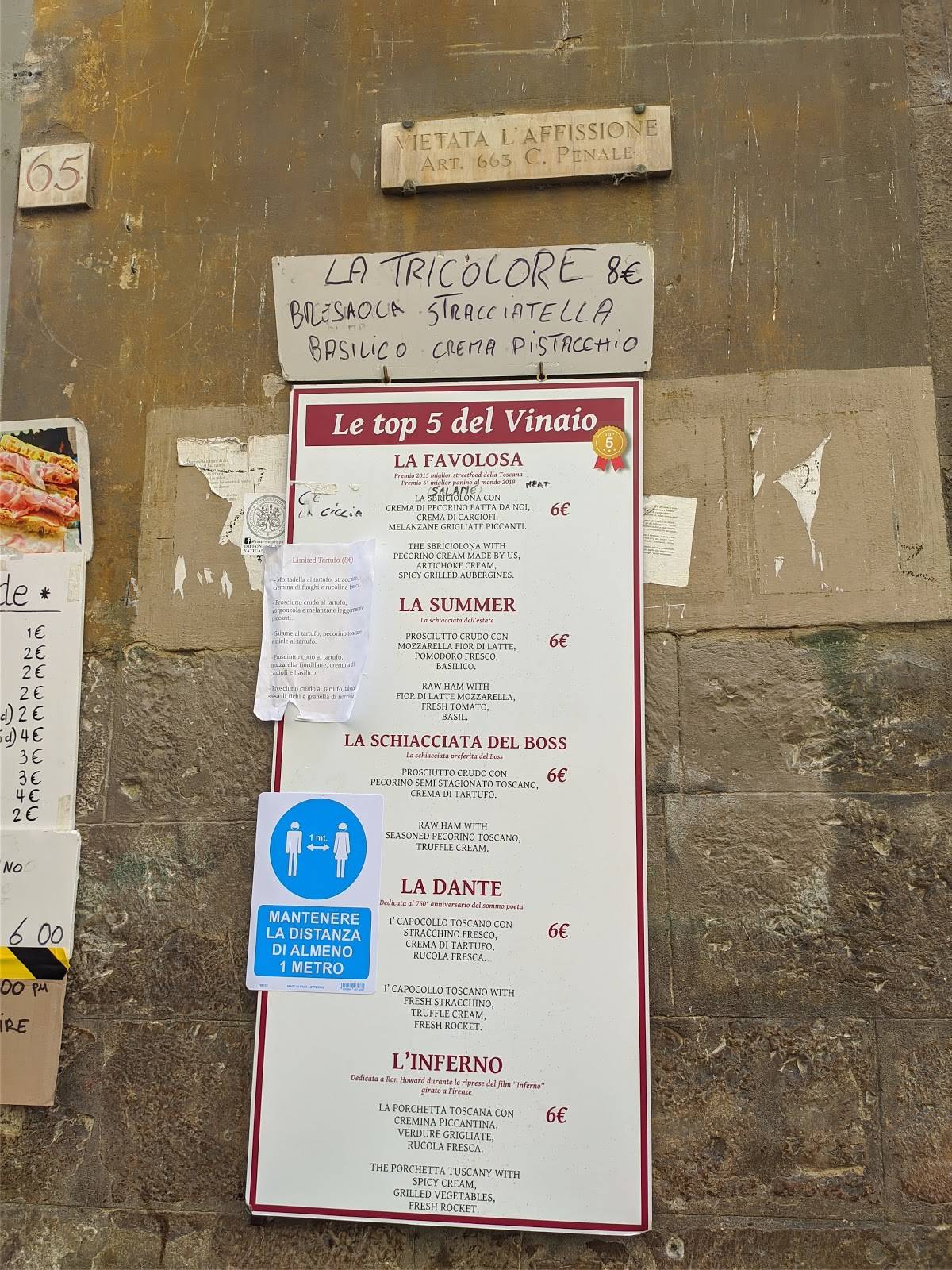 Carta del café All’Antico Vinaio, Florencia