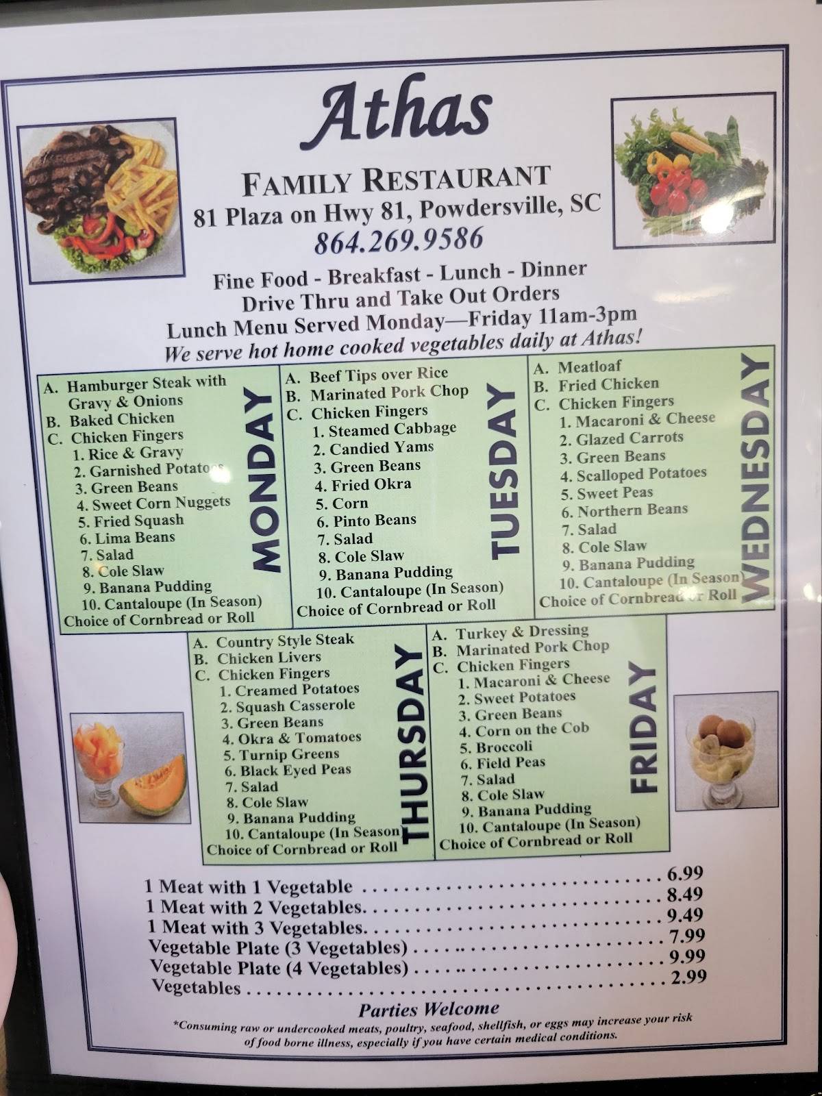 Menu at Athas Family Restaurant, Piedmont