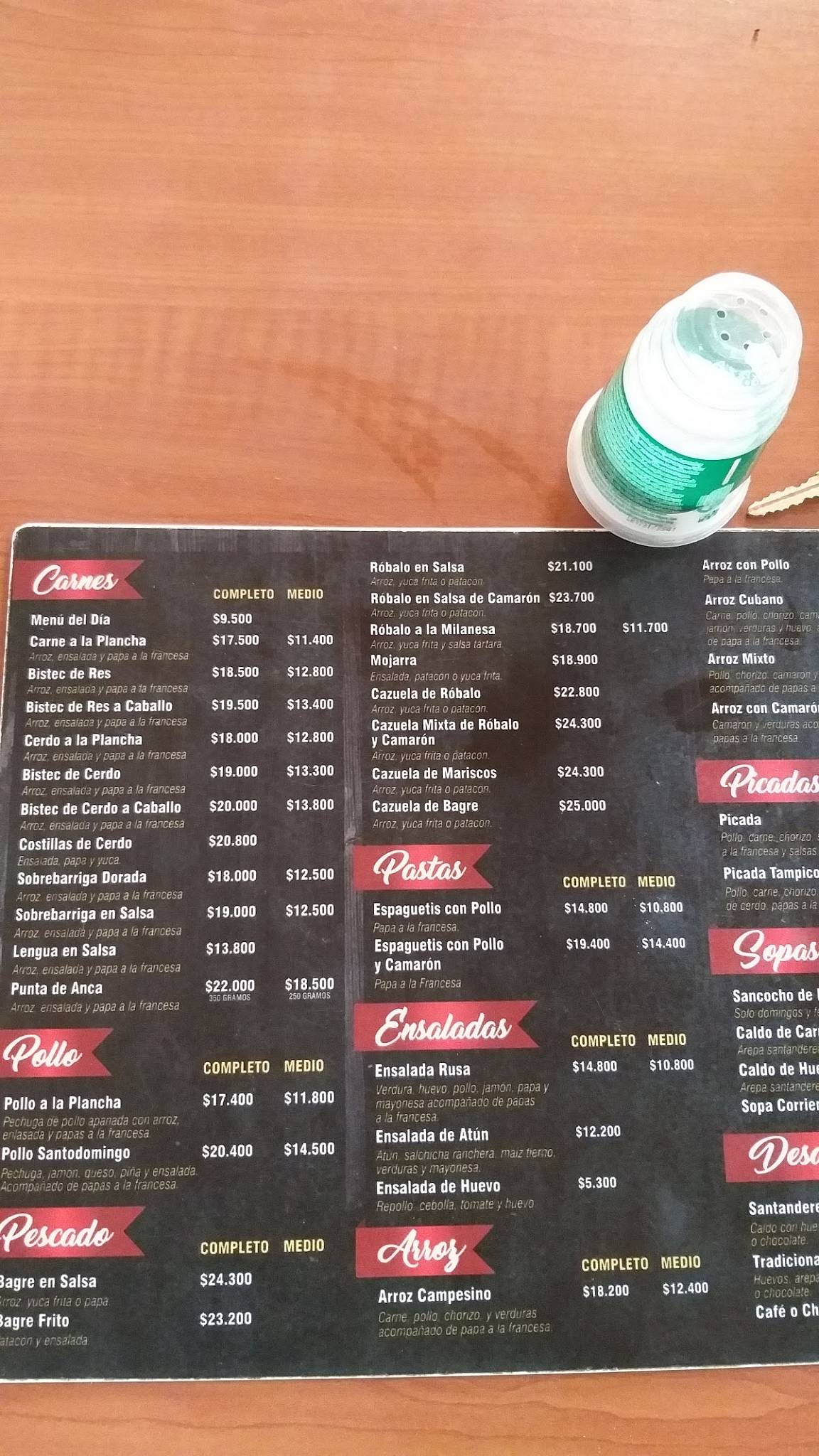 Carta de Restaurante Tampico, Barrancabermeja