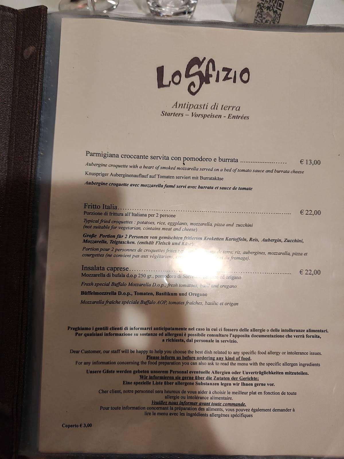 Menu at Lo Sfizio pizzeria, Capri