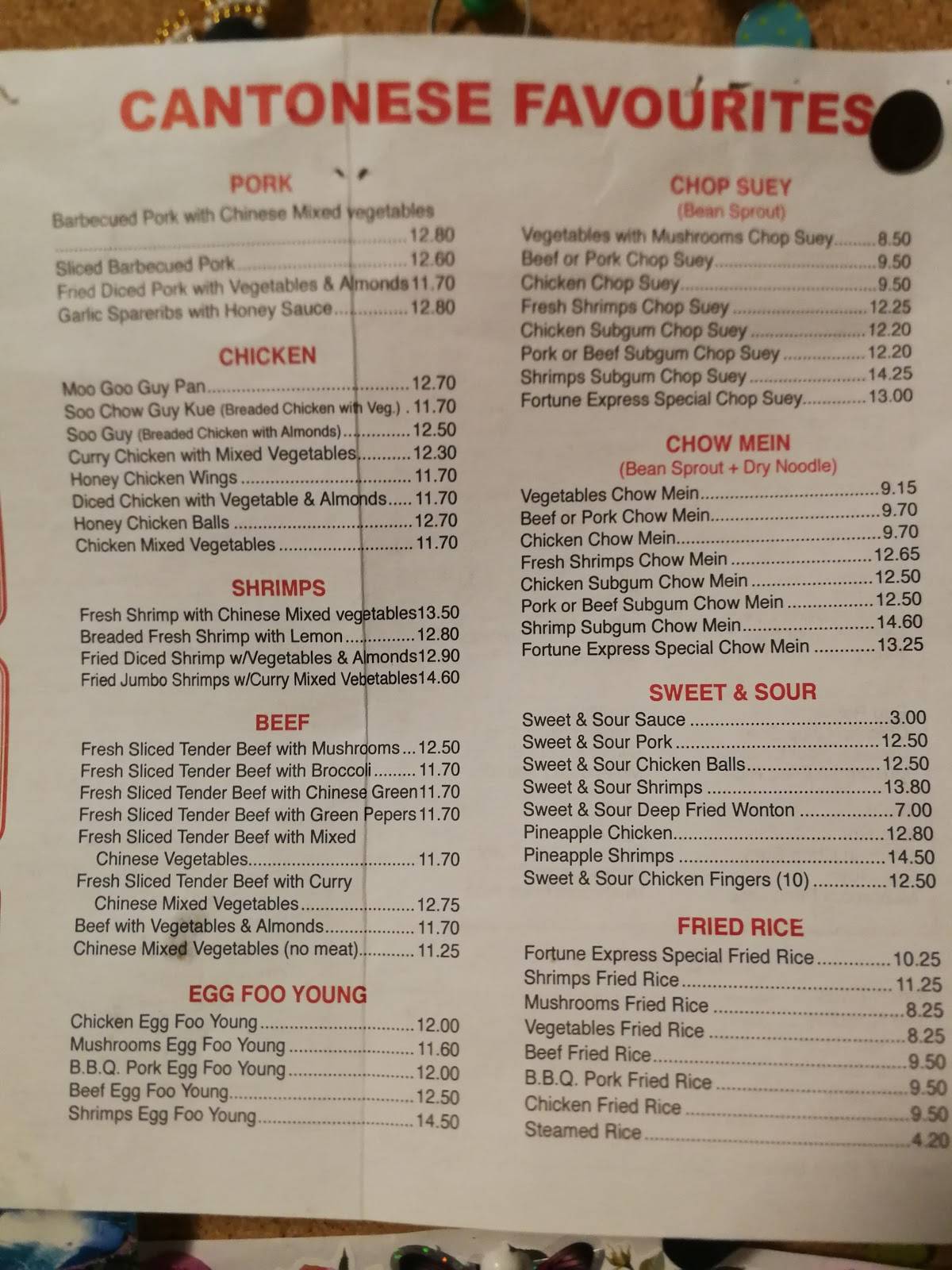 Menu at Fortune Express restaurant, Chatham-Kent