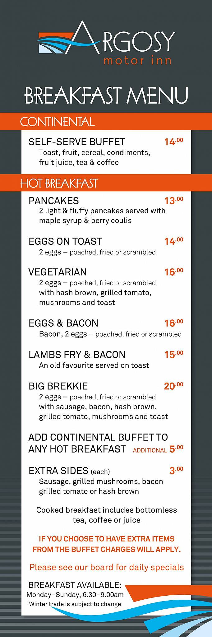 Menu at Bistro @ Argosy Motor Inn restaurant, East Devonport