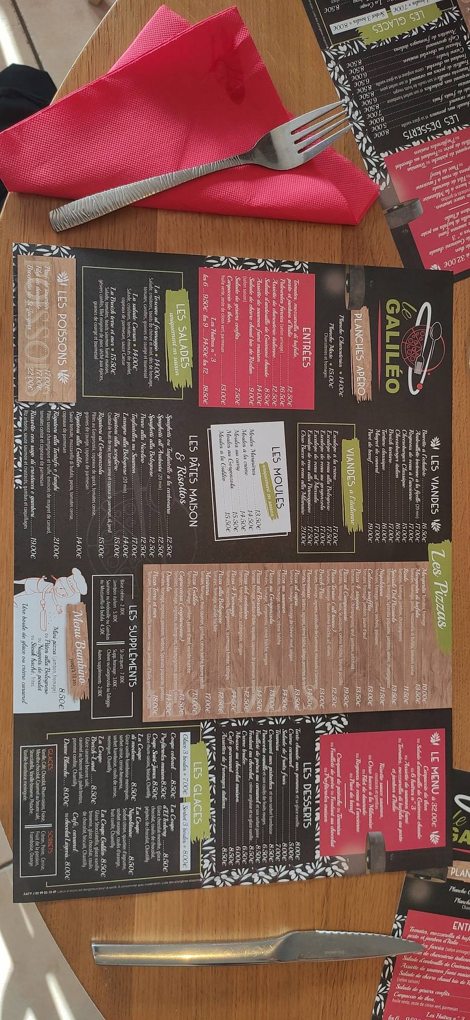 Menu au Galiléo restaurant, Erdeven