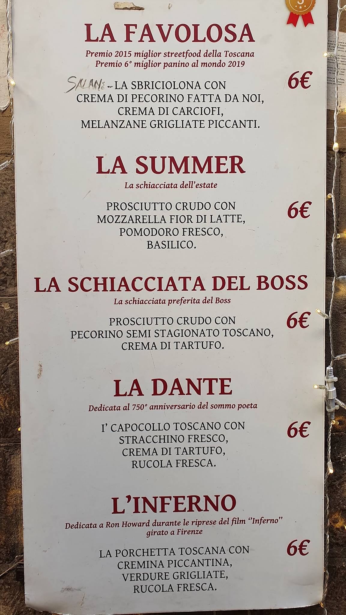 Carta del café All’Antico Vinaio, Florencia