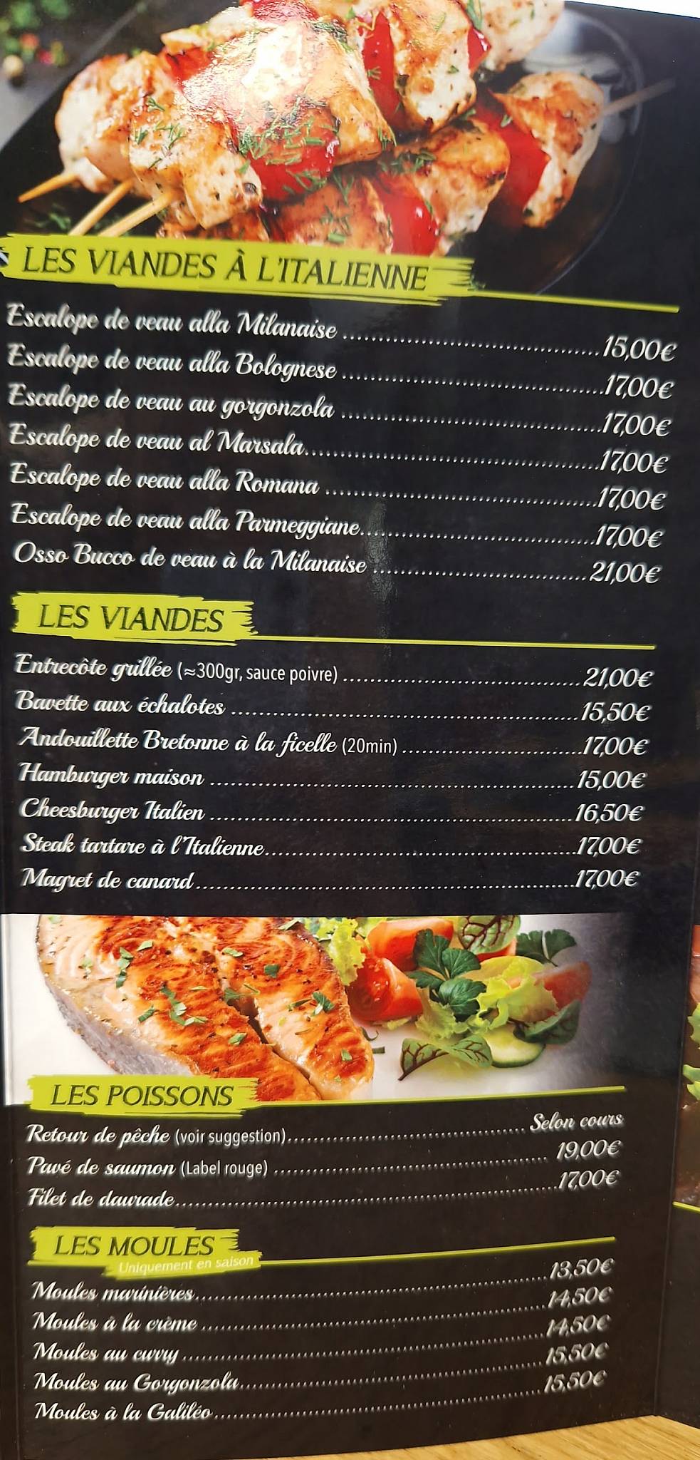 Menu au Galiléo restaurant, Erdeven