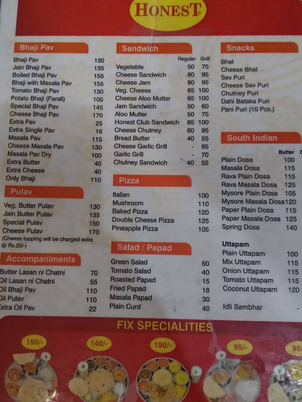 Menu at Hotel Honest, Limbdi