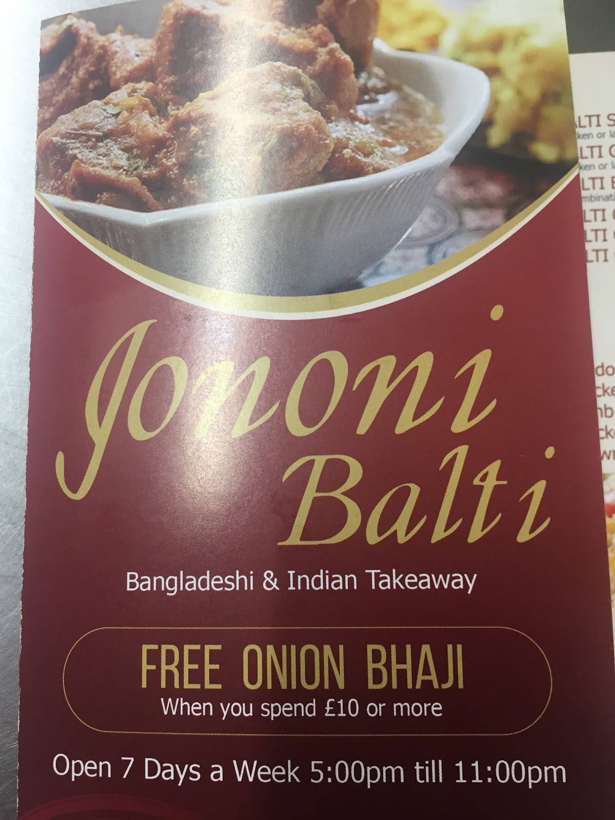 Menu at Jononi balti fast food, Freckleton