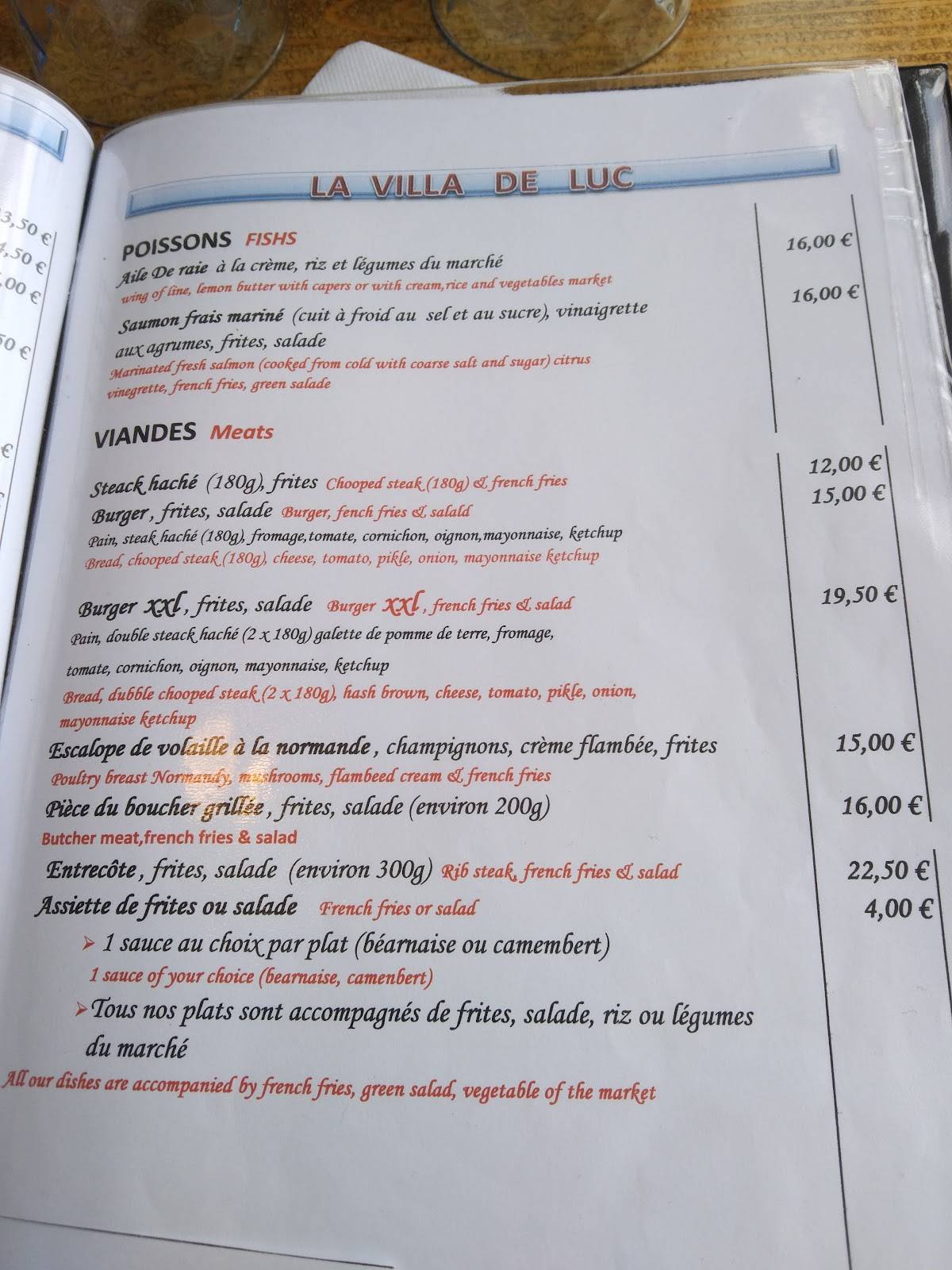 Menu au LA VILLA DE LUC restaurant, Luc-sur-Mer