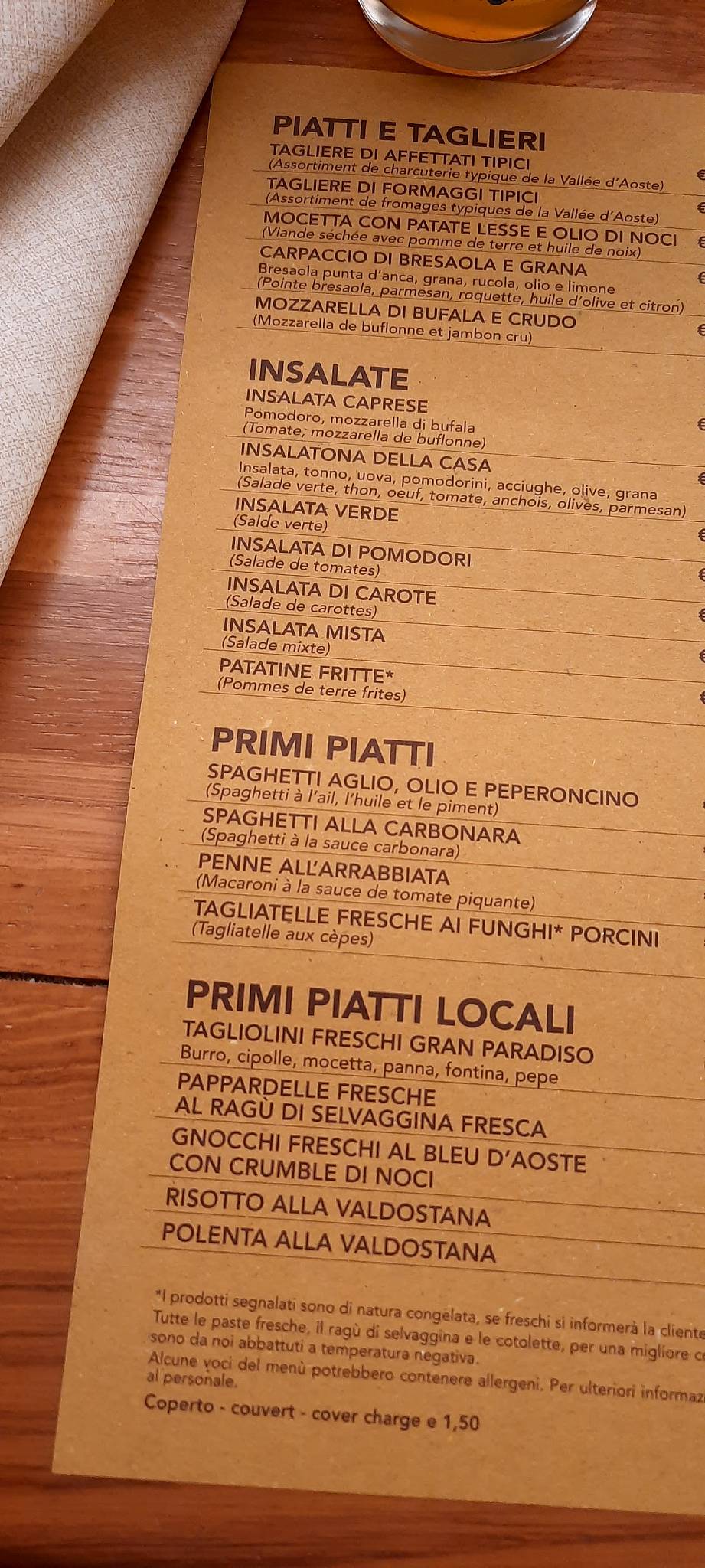 Carta del restaurante La Locanda, Morgex