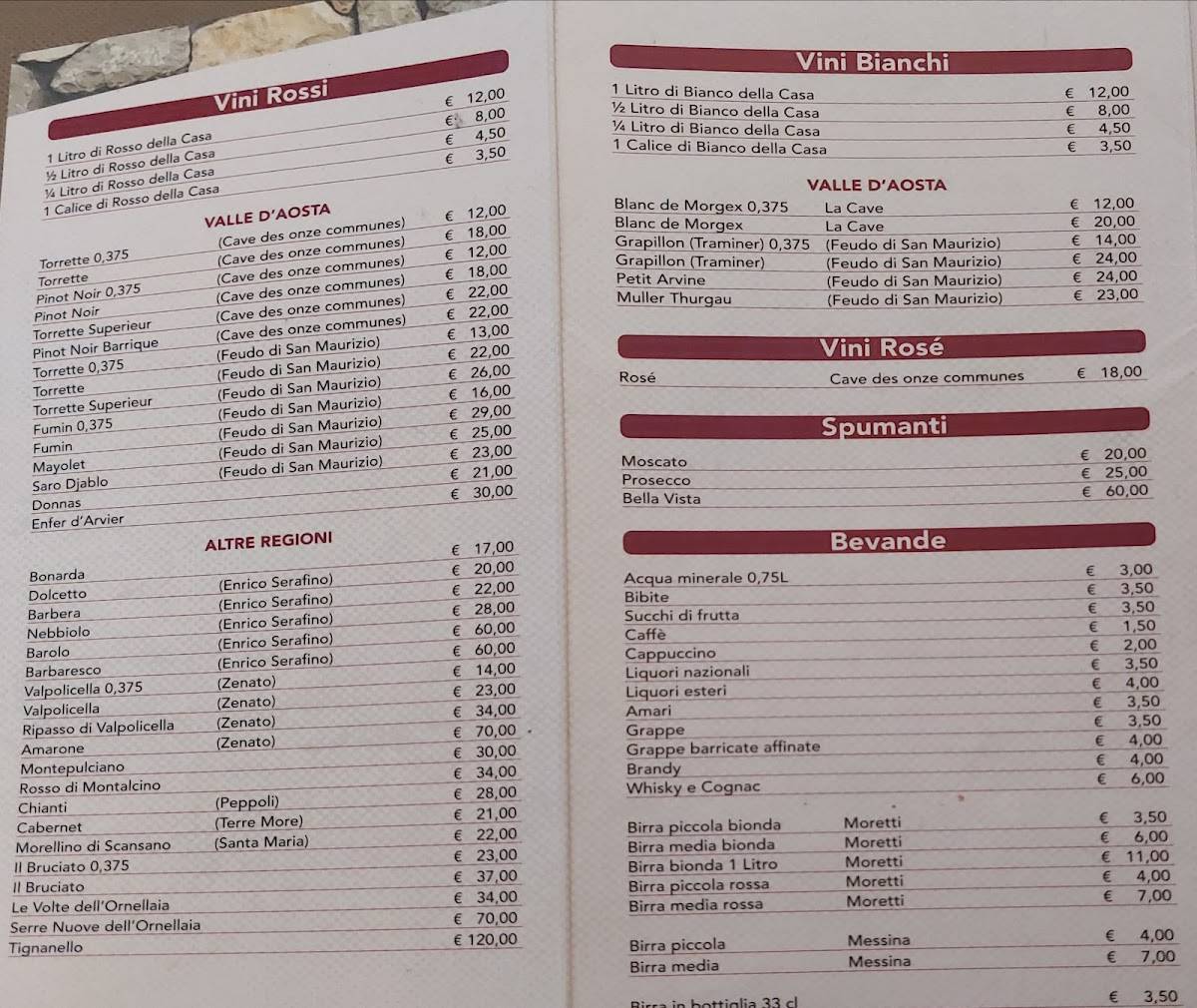 Carta del restaurante La Locanda, Morgex