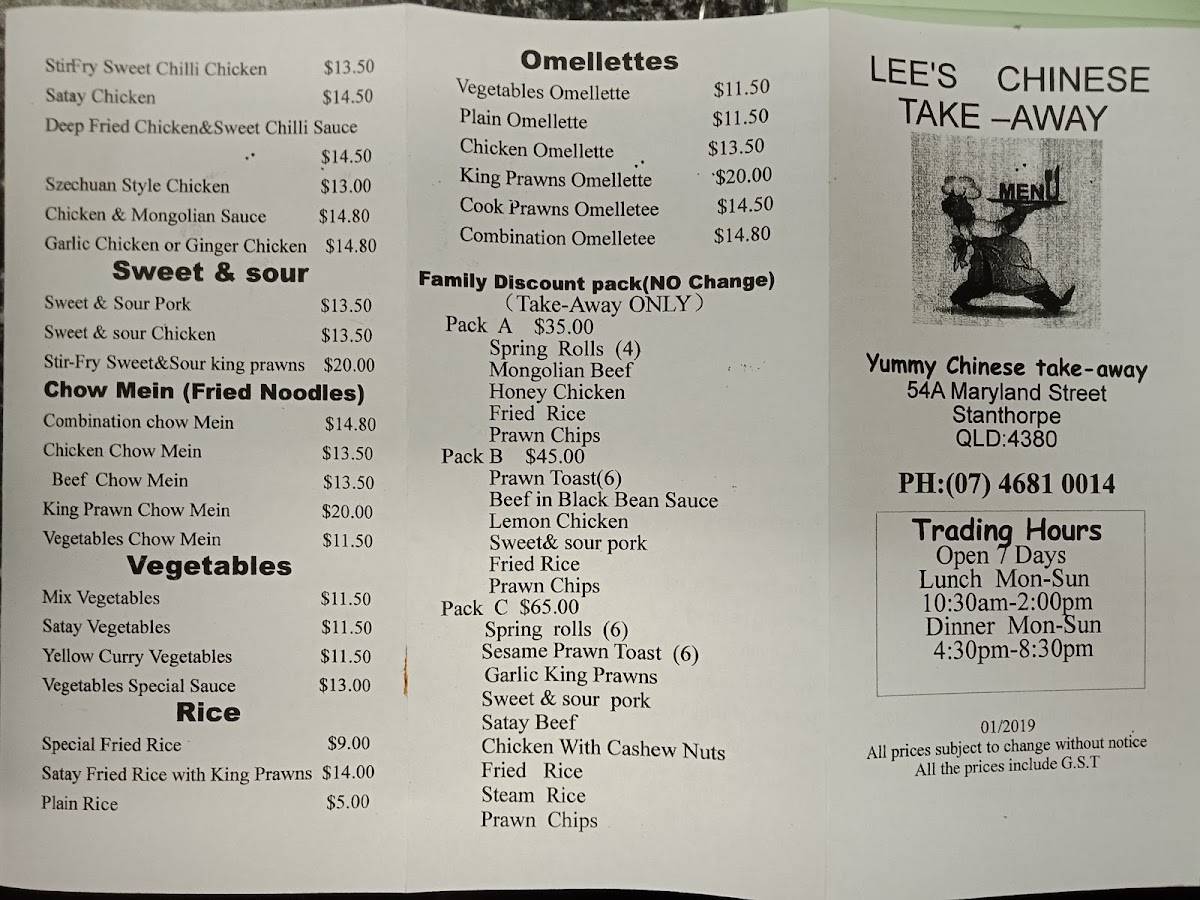Menu at Lee's Chinese Takeaway fast food, Stanthorpe