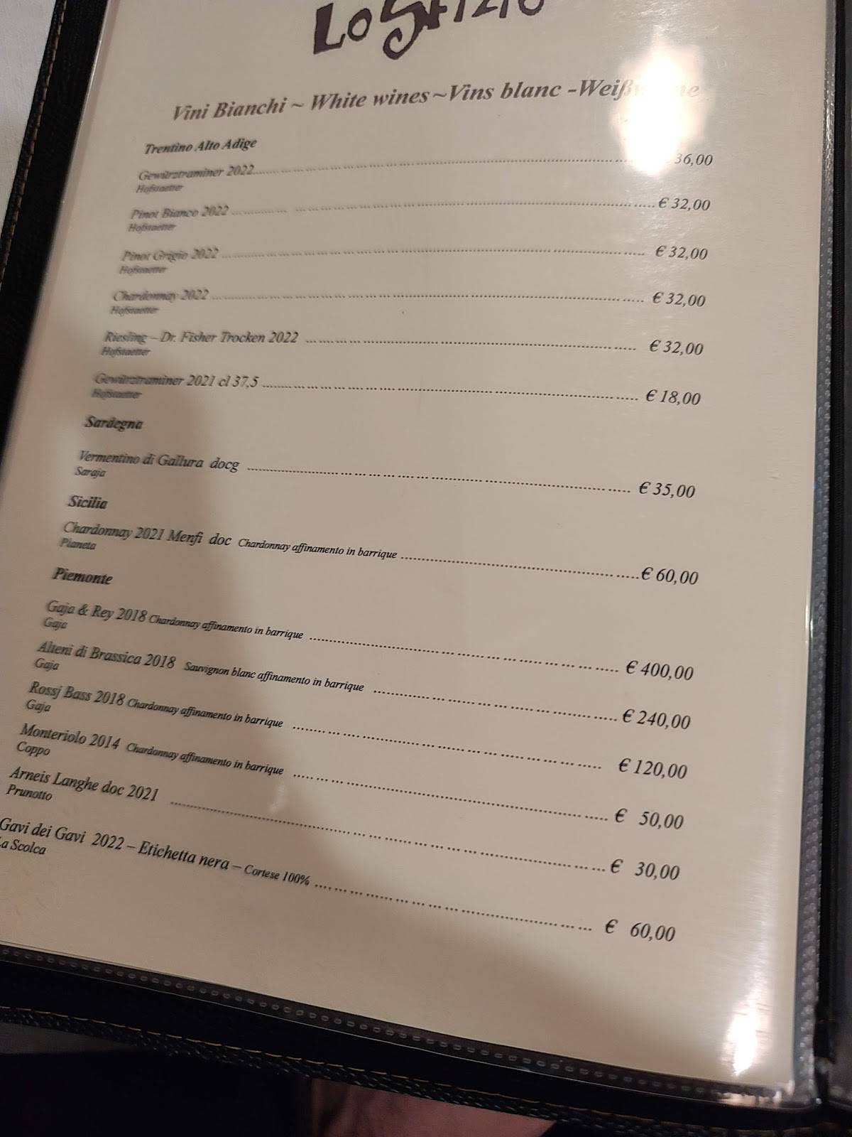 Menu at Lo Sfizio pizzeria, Capri