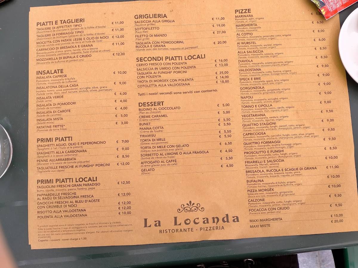 Carta del restaurante La Locanda, Morgex
