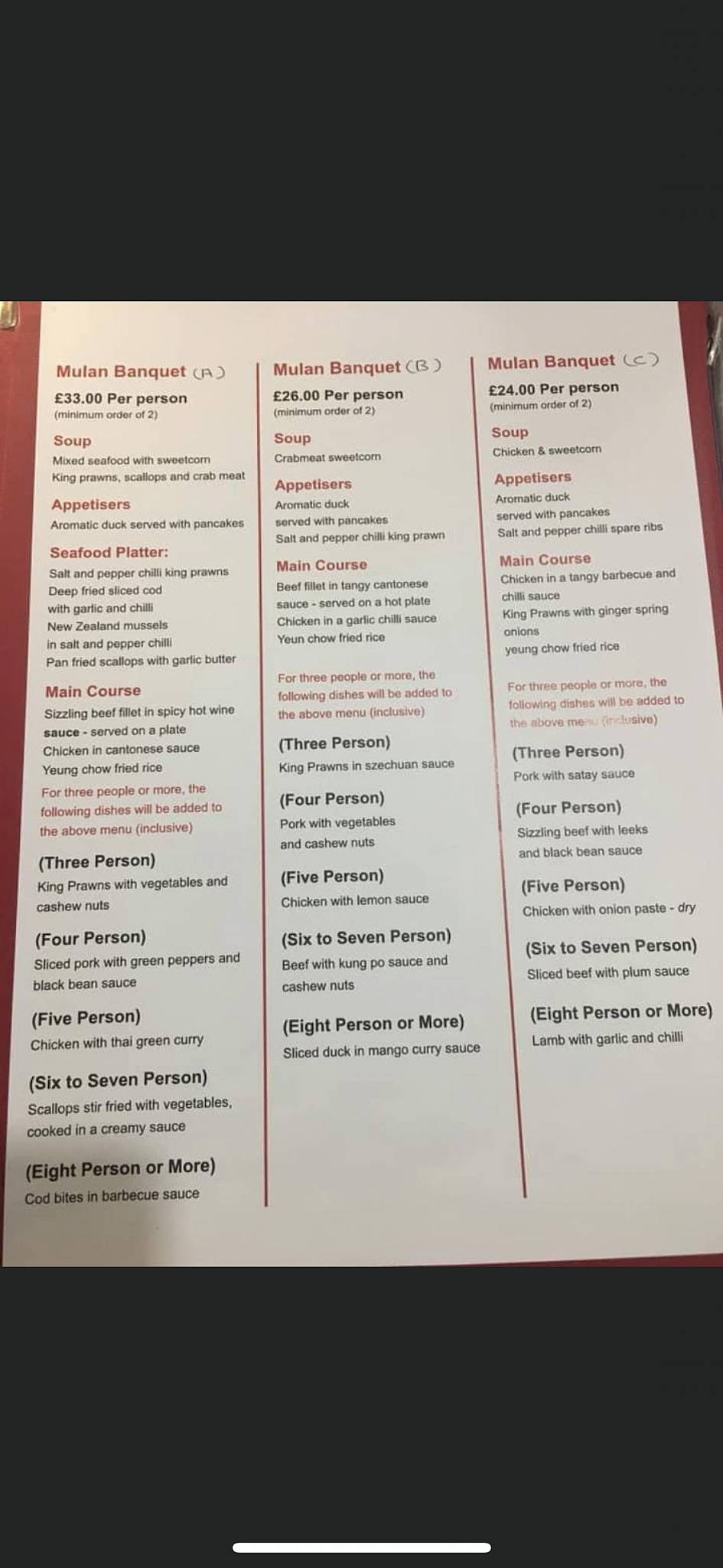 Menu at Mulan restaurant, Morpeth