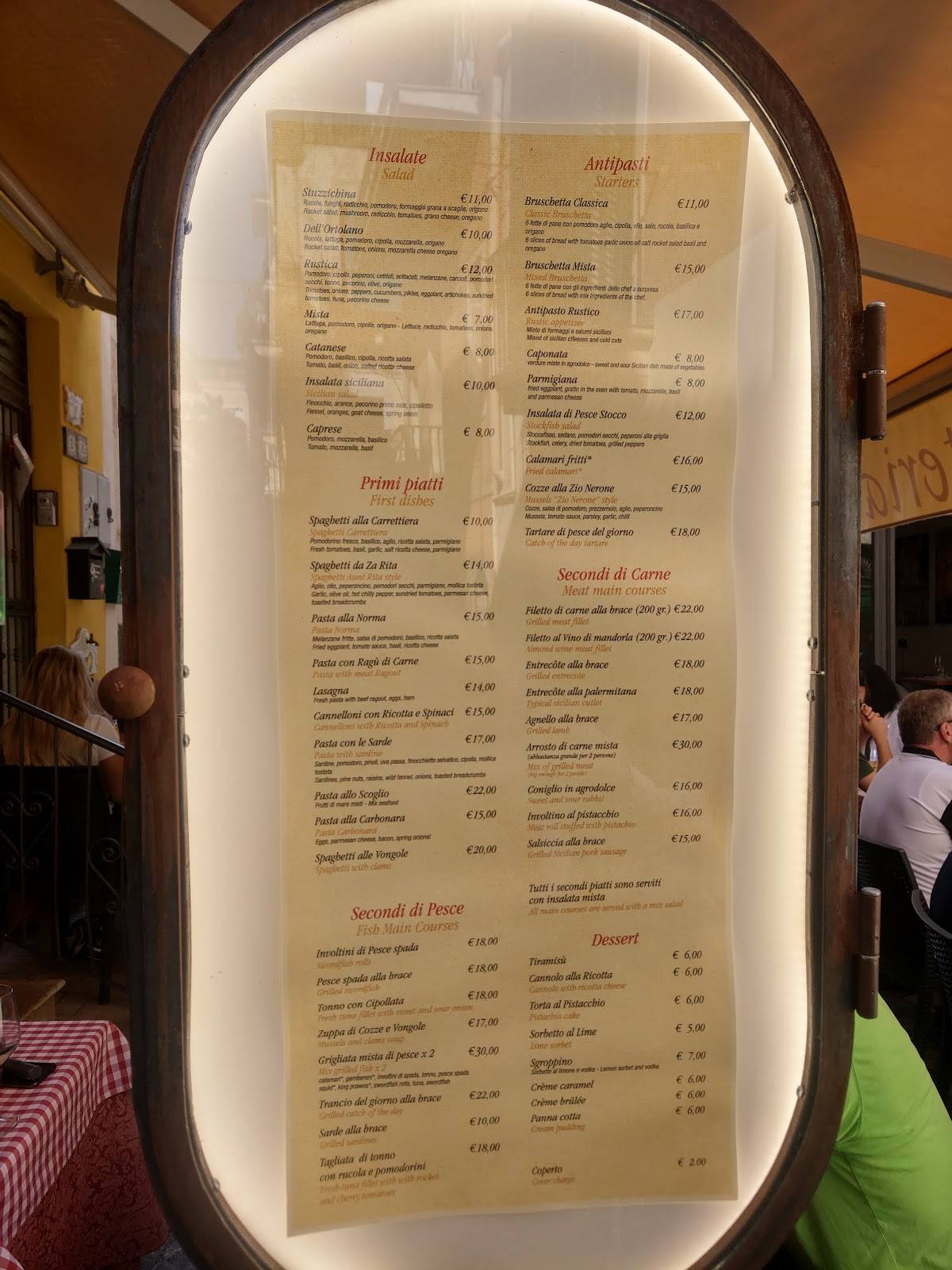 Menu at Osteria da Rita (dal 1991) restaurant, Taormina