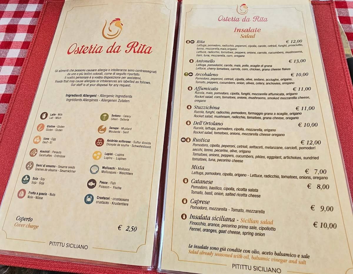 Menu at Osteria da Rita (dal 1991) restaurant, Taormina