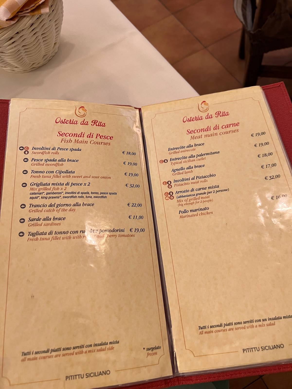 Menu at Osteria da Rita (dal 1991) restaurant, Taormina