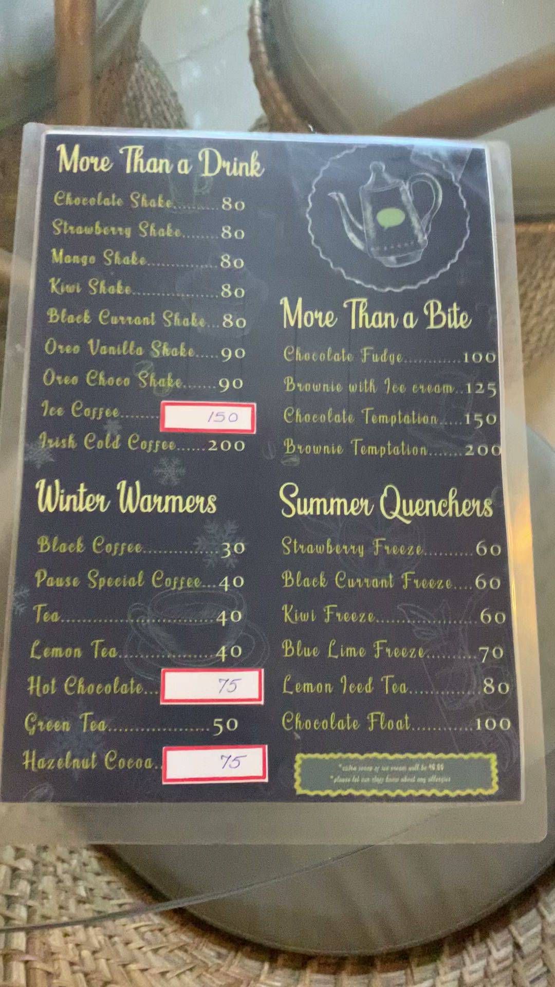 Menu at Pause Cafe, Madikeri