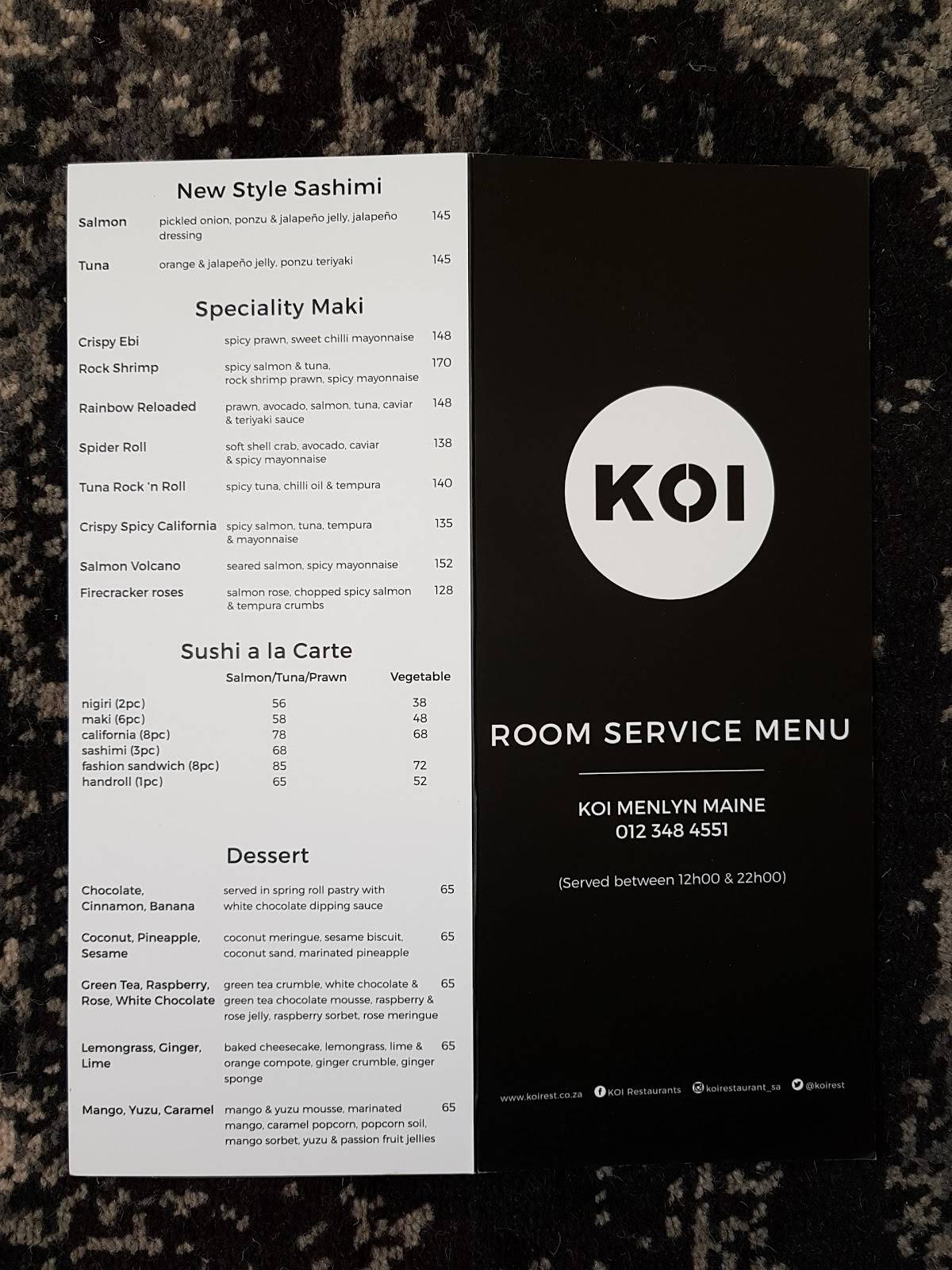 Menu at KOI - Menlyn Maine restaurant, Pretoria, 185 Amarand Ave