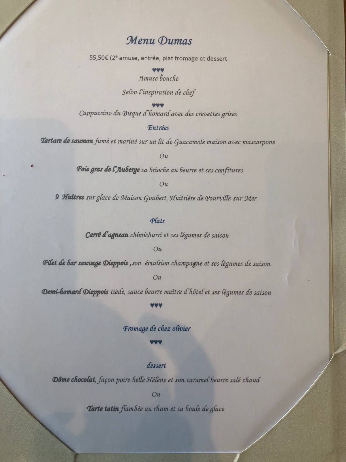 Menu au Auberge du Vieux Puits restaurant, Dieppe