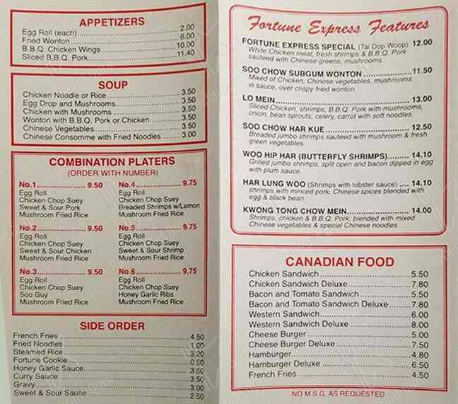 Menu at Fortune Express restaurant, Chatham-Kent