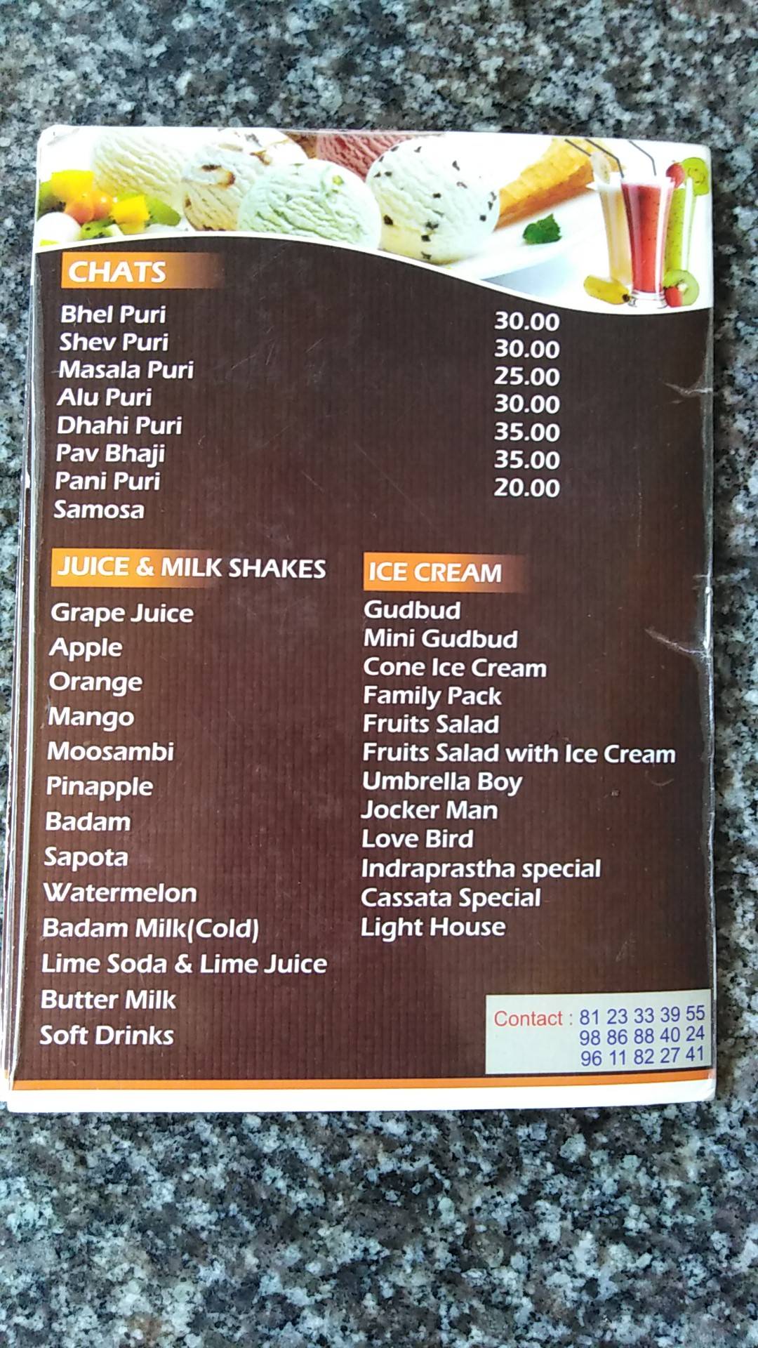 Menu at Indraprastha Hotel, India, NH 66