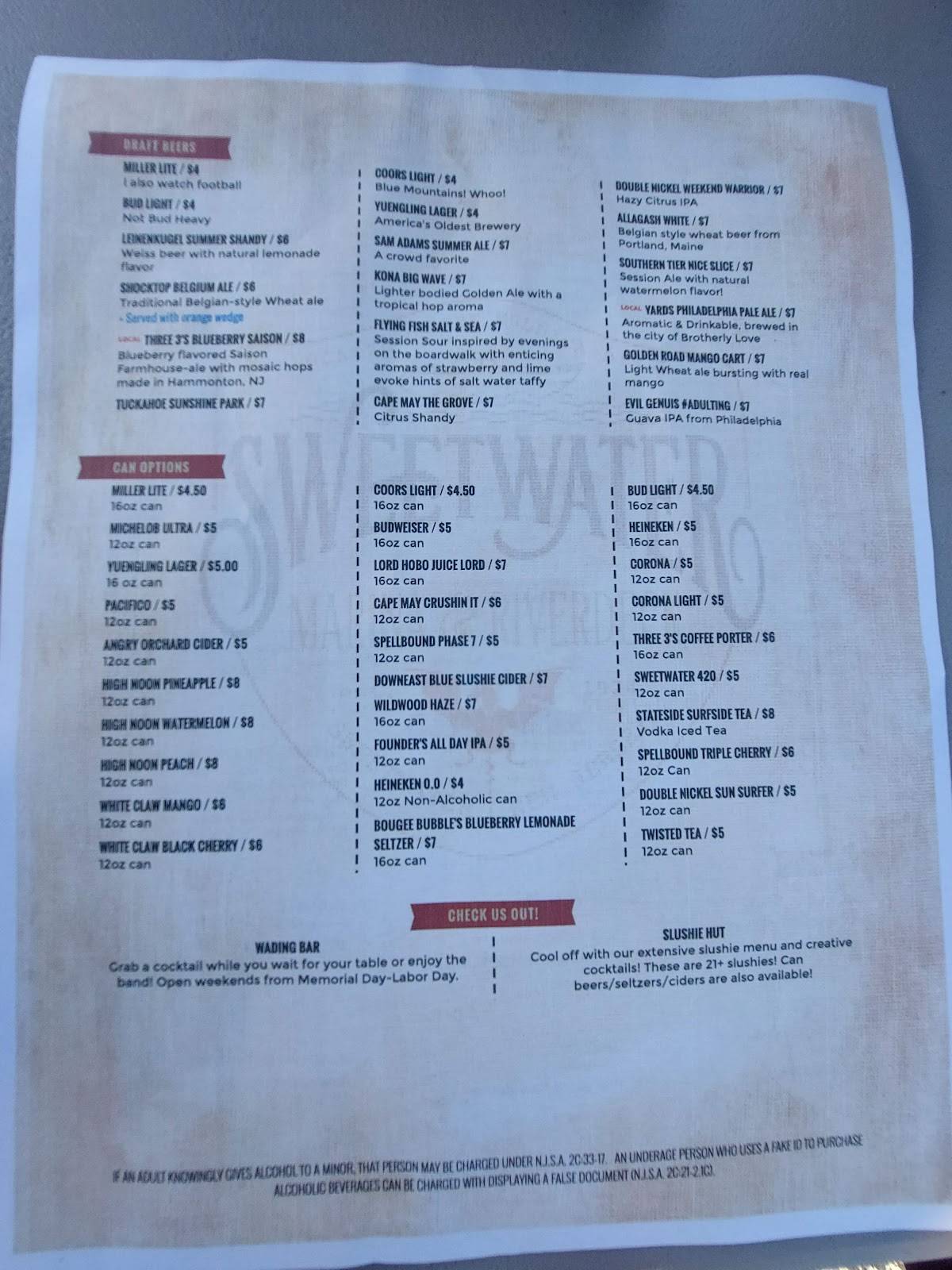 Menu at Sweetwater Marina and Riverdeck pub & bar, Hammonton