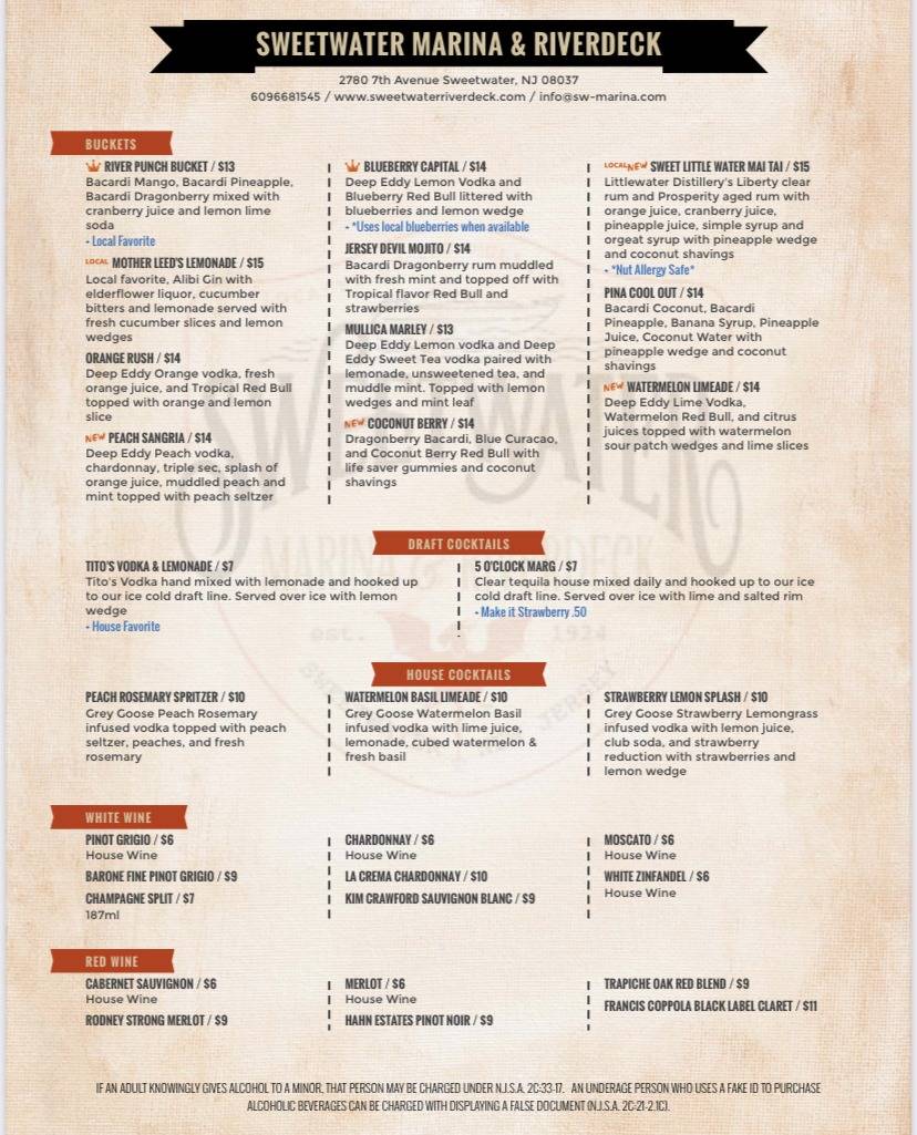 Menu at Sweetwater Marina and Riverdeck pub & bar, Hammonton