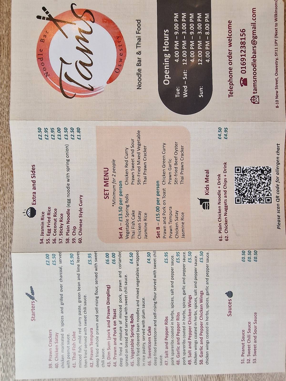 Menu at Tams Noodle Bar & Thai Food, Oswestry
