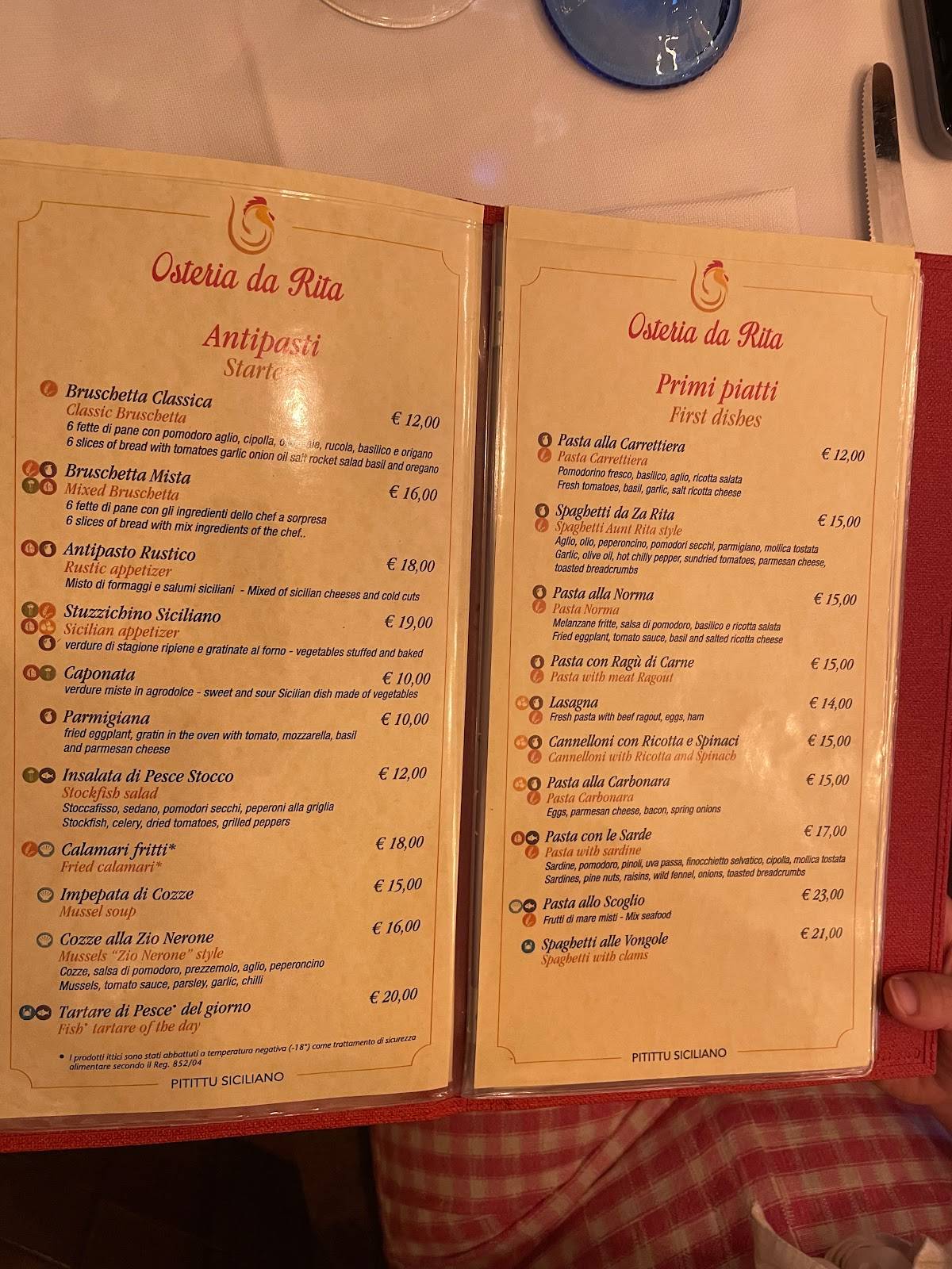 Menu at Osteria da Rita (dal 1991) restaurant, Taormina