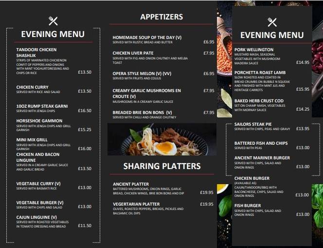 Menu at The Ancient Mariner pub & bar, Nether Stowey