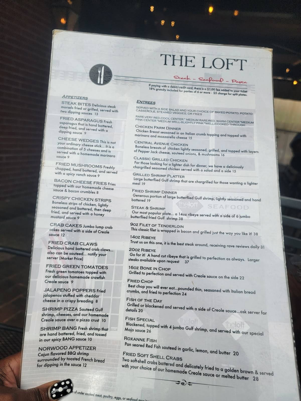 Menu at The Loft steakhouse, Laurel, 535 Central Ave