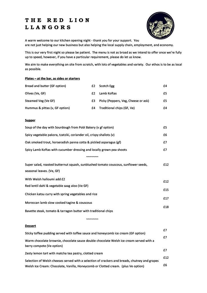 Menu at The Red Lion Llangorse pub & bar, Llangorse