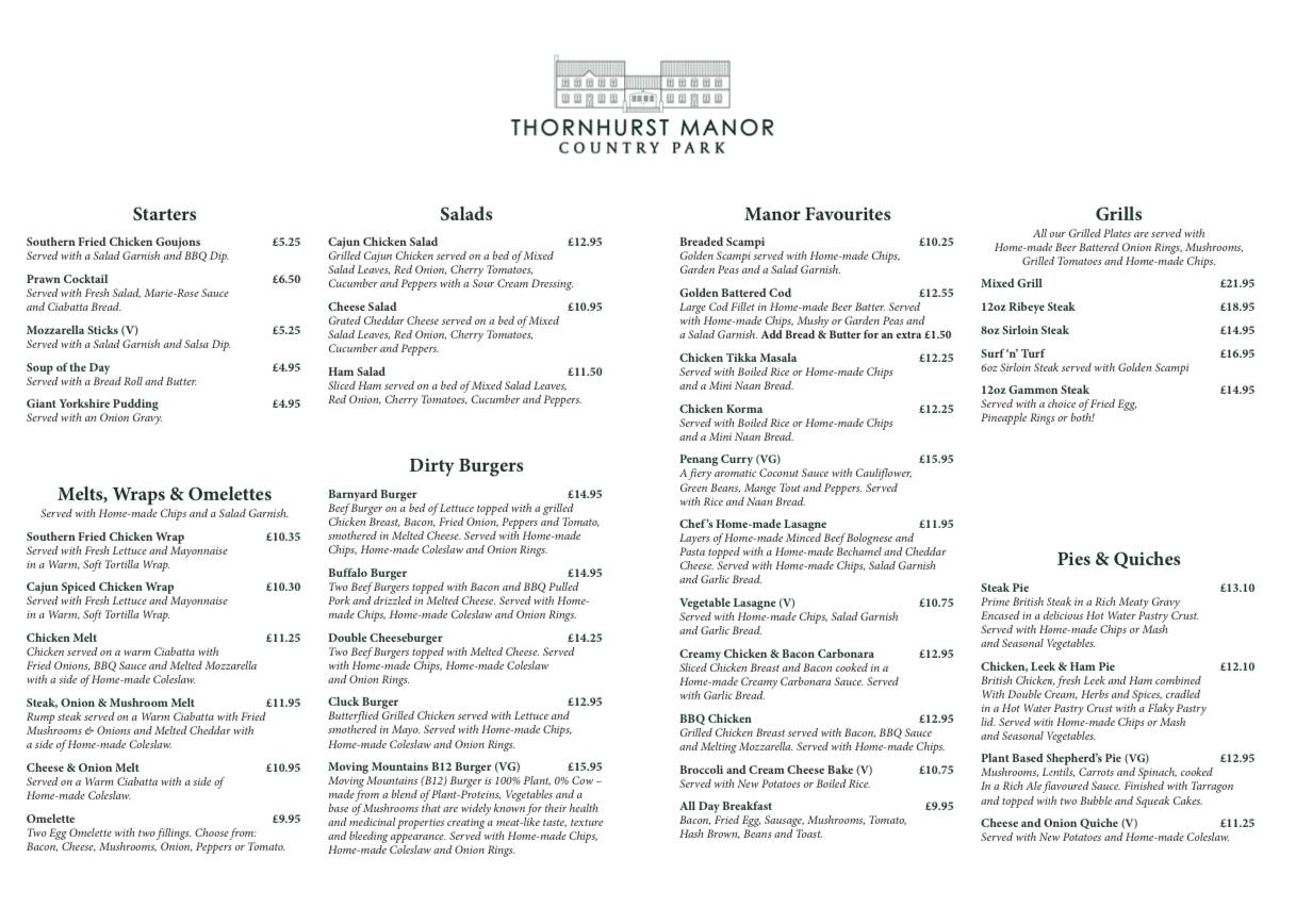 Menu at Thornhurst Manor pub & bar, Doncaster, Holme Ln