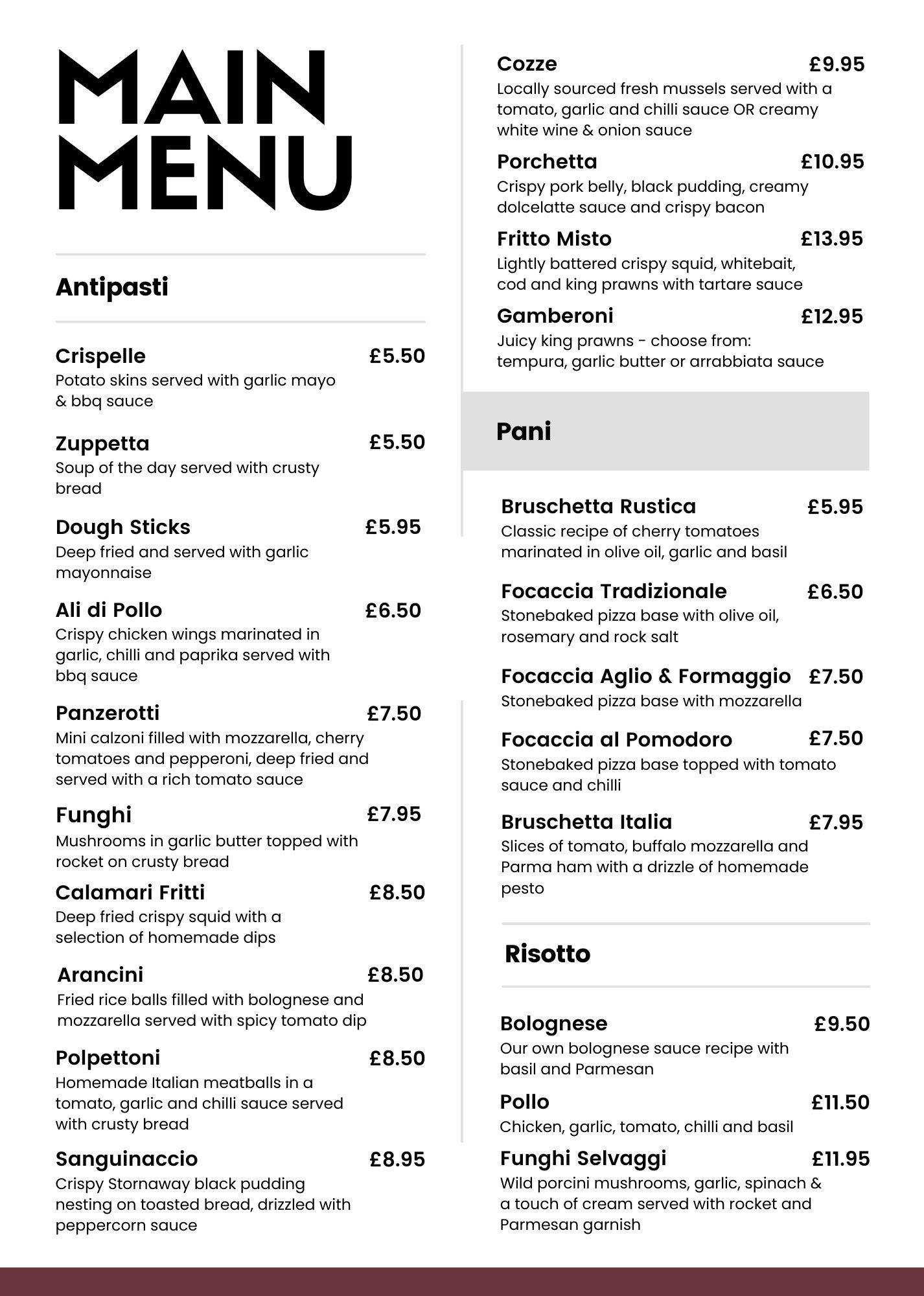 Menu at Davanti Whitley Lodge restaurant, Whitley Bay