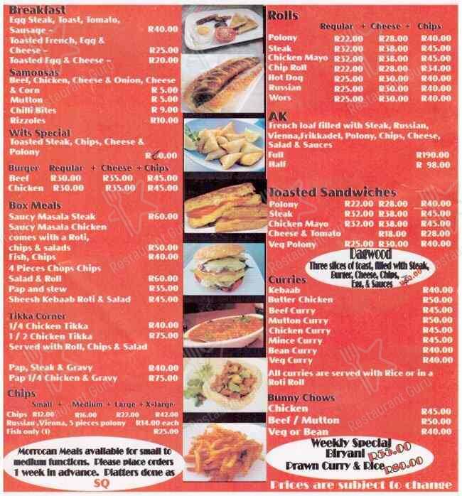 Menu at Akhalwaya's foods restaurant, Boksburg, Eastgate Shopping Centre
