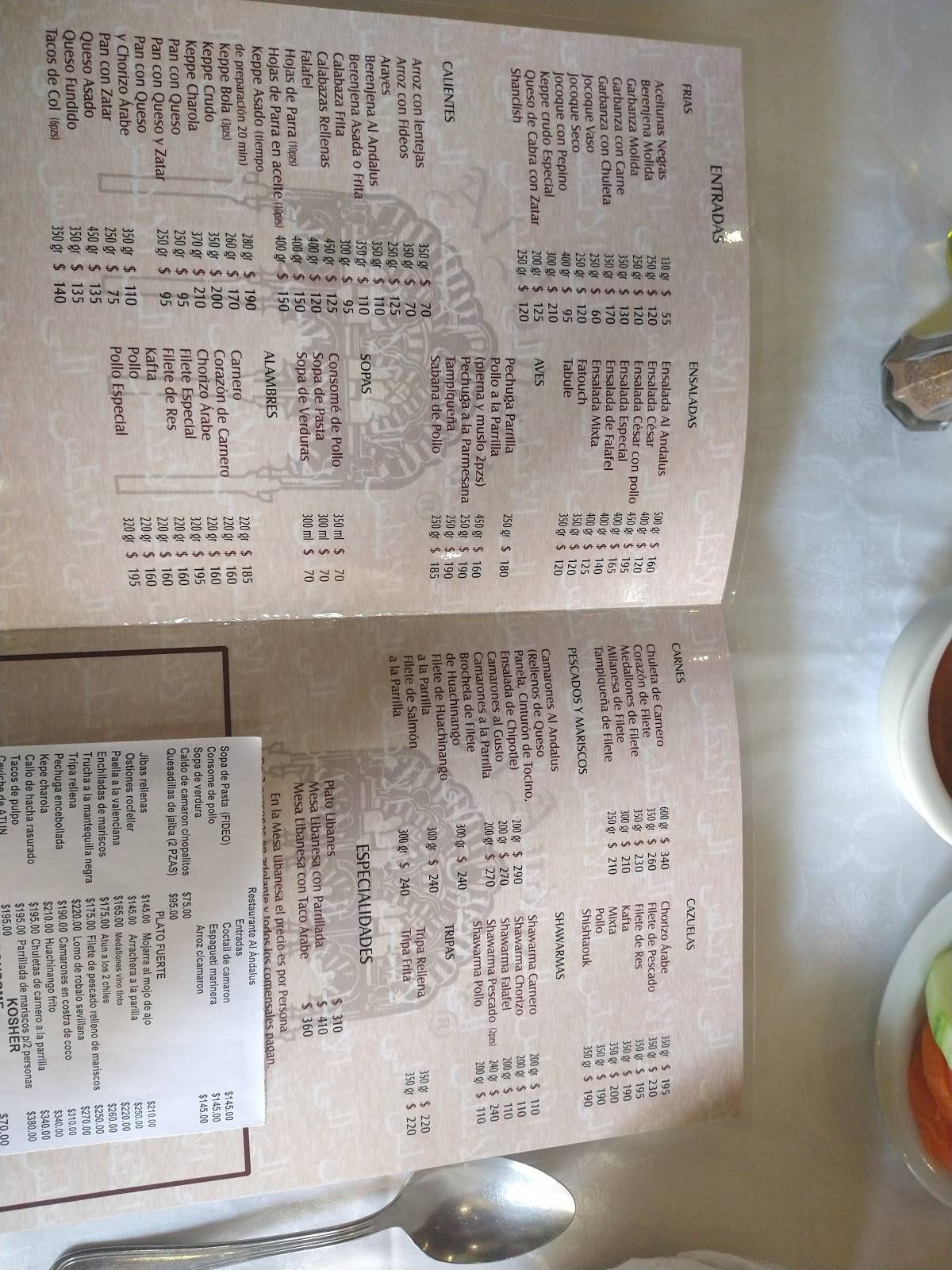 Carta del restaurante Al Andalus, Ciudad del México, Mesones 171 Nueva ...