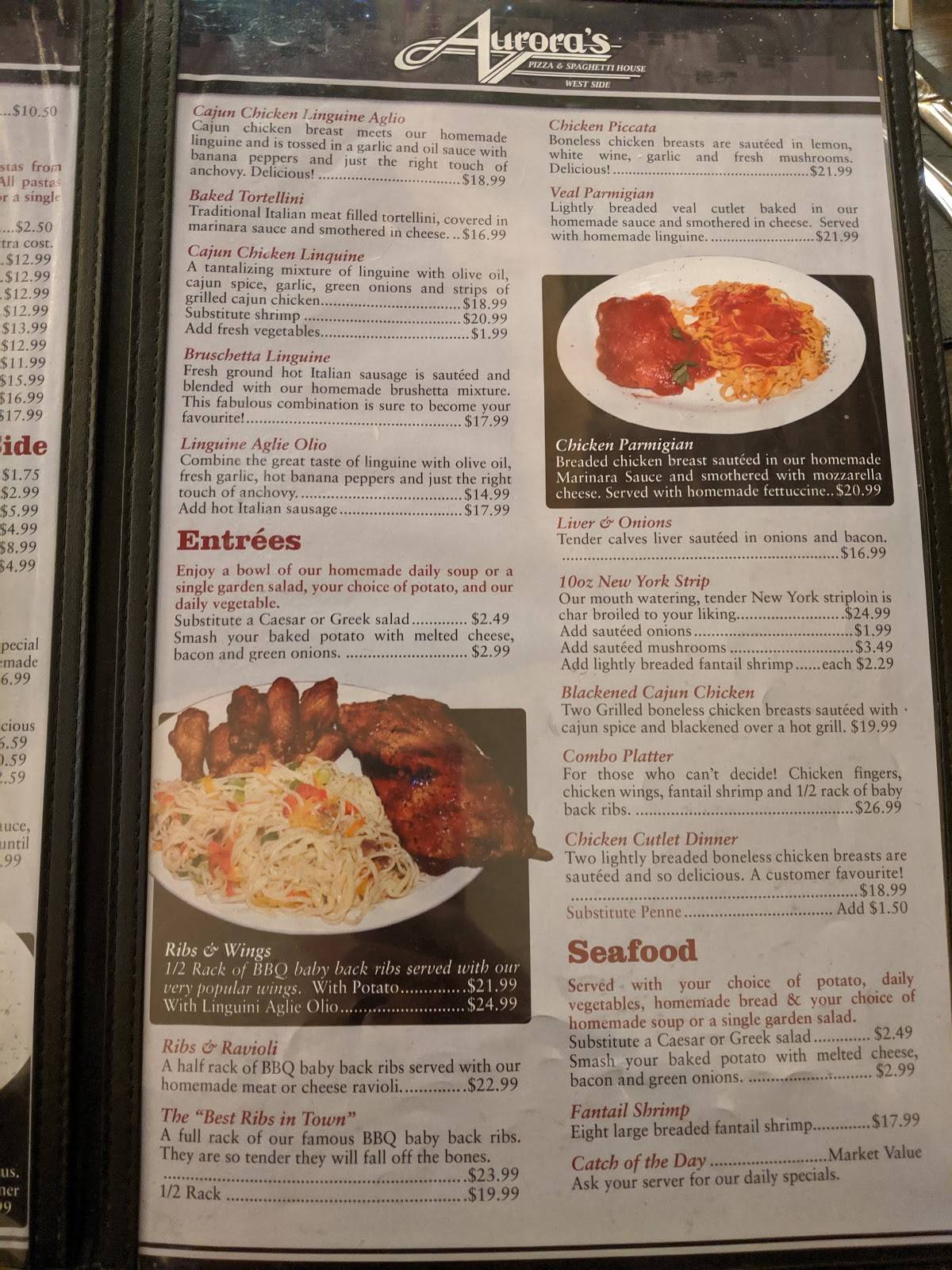 Menu at Aurora's Westside pizzeria, Sault Ste. Marie