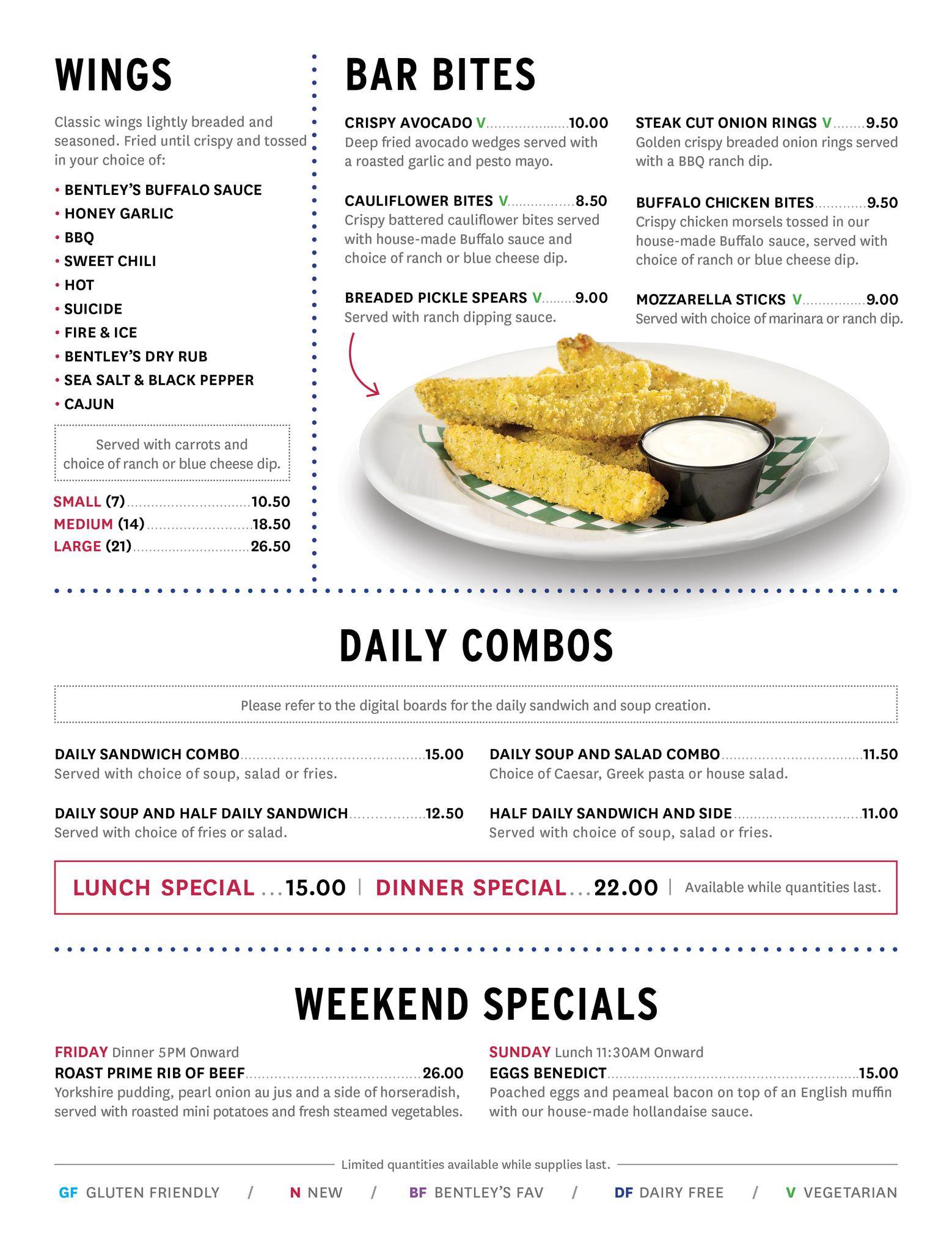 Menu at Bentley's Bar Inn & Restaurant, Stratford