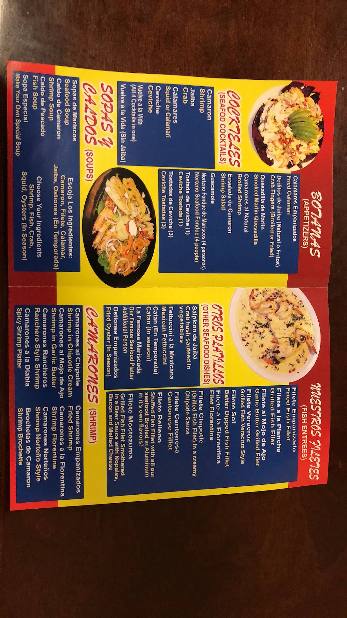 Menu at Mariscos De La Rosa restaurant, Brownsville, Padre Island Hwy