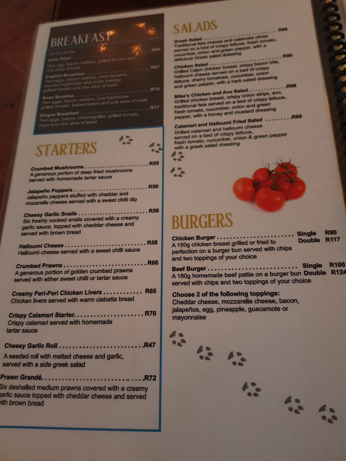 Menu at Dingo's Pub & Restaurant, Boksburg