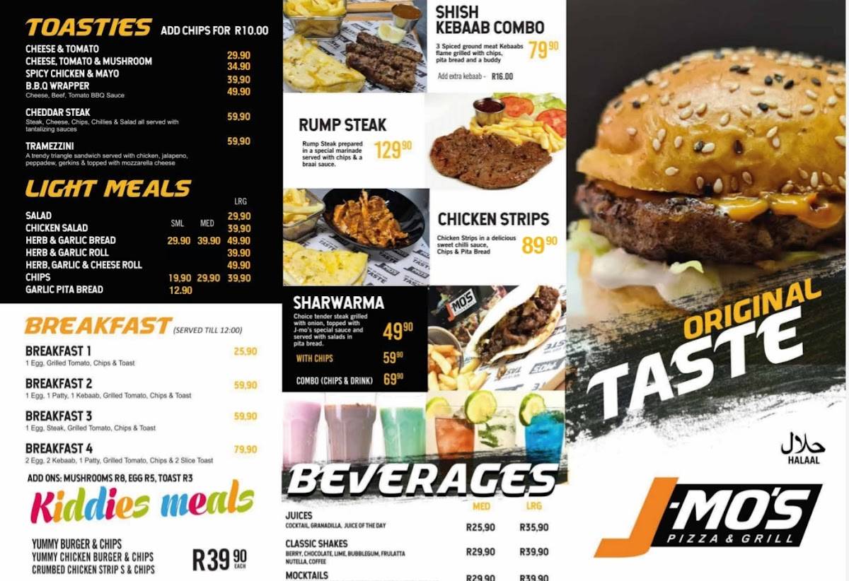 Menu at J-mo's overport sasol restaurant, Durban, 465 Randles Rd