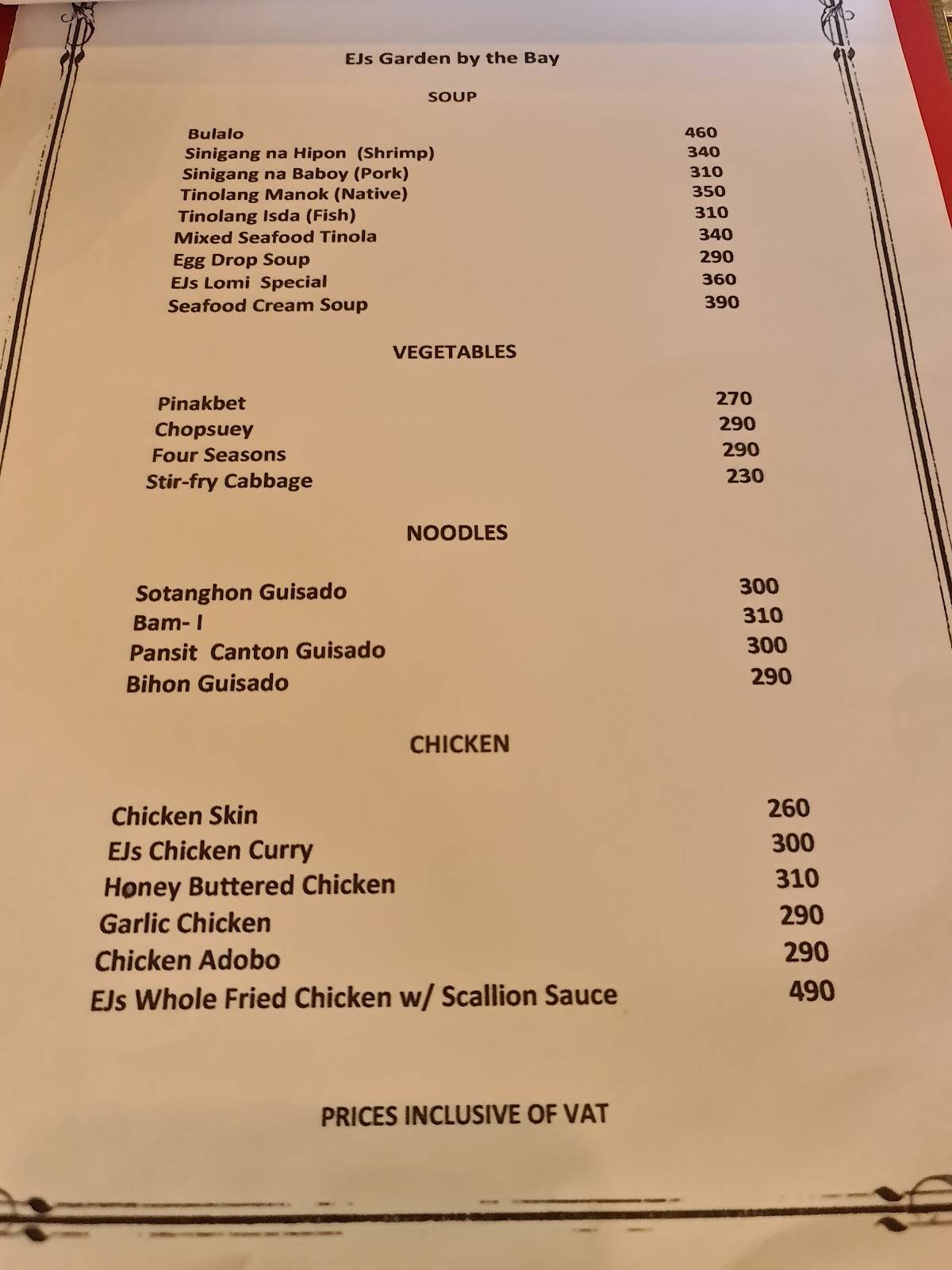 Menu at EJ's Garden by the Bay restaurant, Surigao City